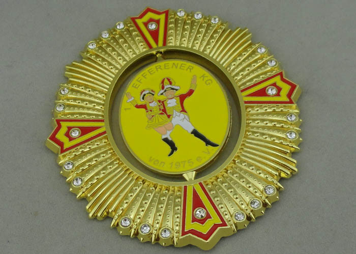 3D Spinning Die Cast Medals For Carnival With Rhinestone And Gold Plating